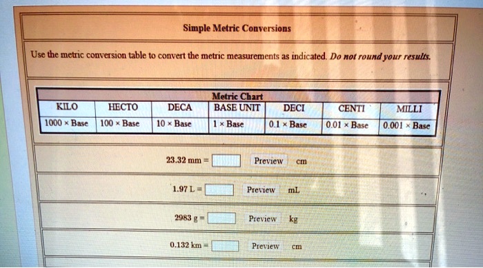 SOLVED: Simple Mctric Conversions Use the metric cOnversion table to ...