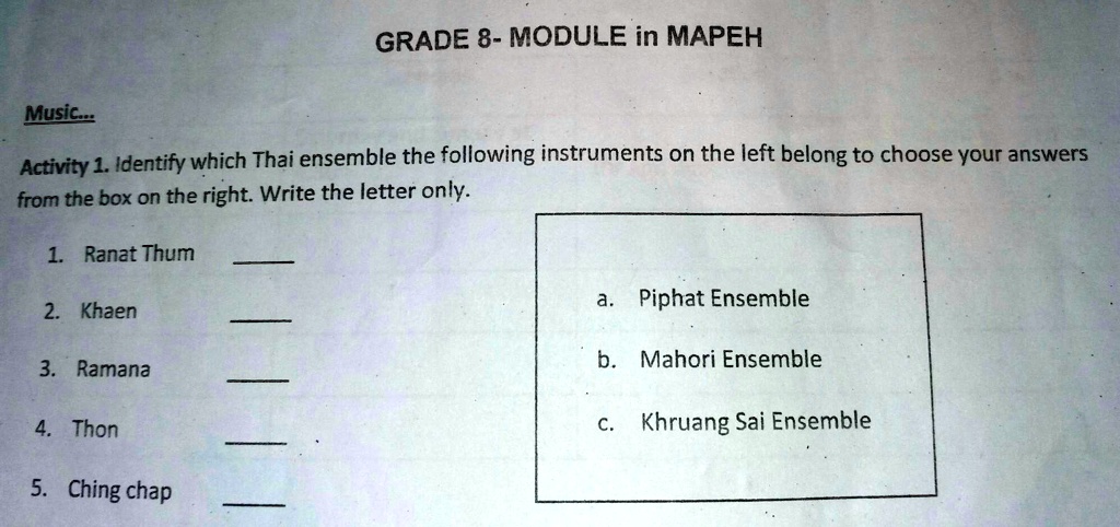 SOLVED: Identify which Thai ensemble the following instruments on the ...