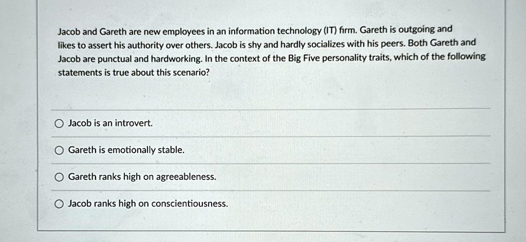 Jacob and Gareth are new employees in an information technology (IT) firm. Gareth is outgoing ...