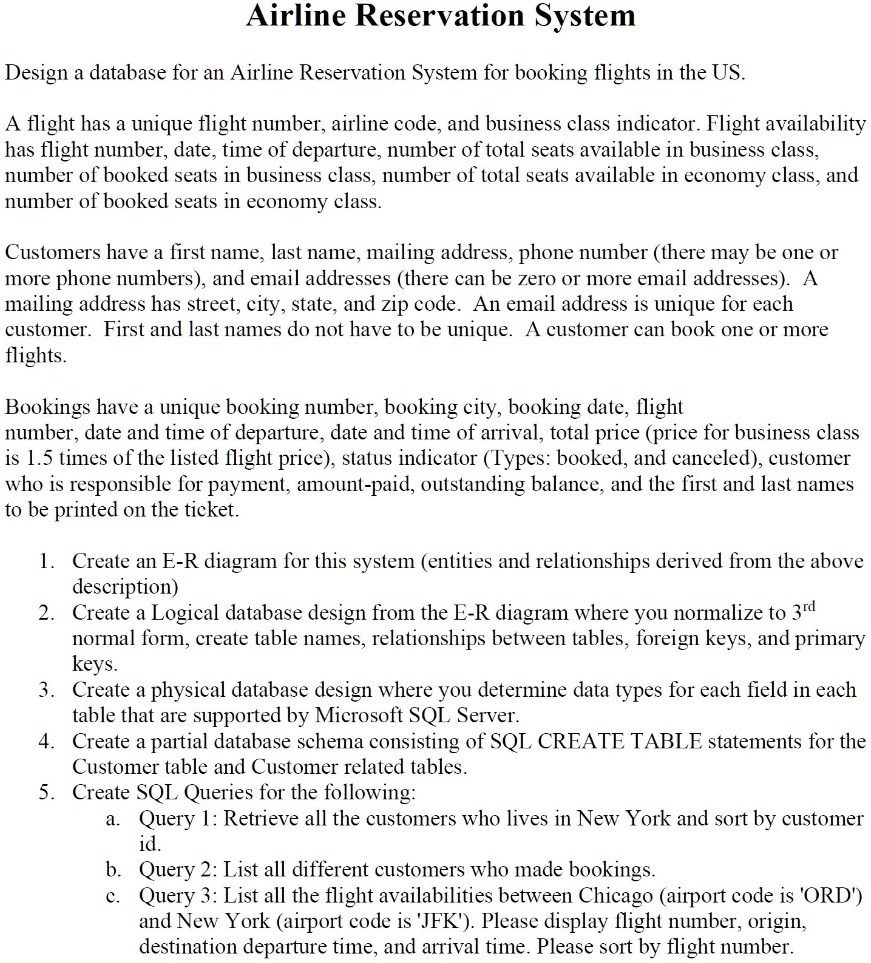SOLVED: Airline Reservation System Design a database for an Airline ...