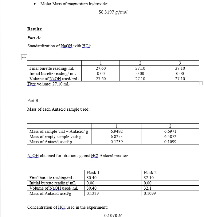 SOLVED: Titration of Antacids Calculate the number of moles of HCl used ...