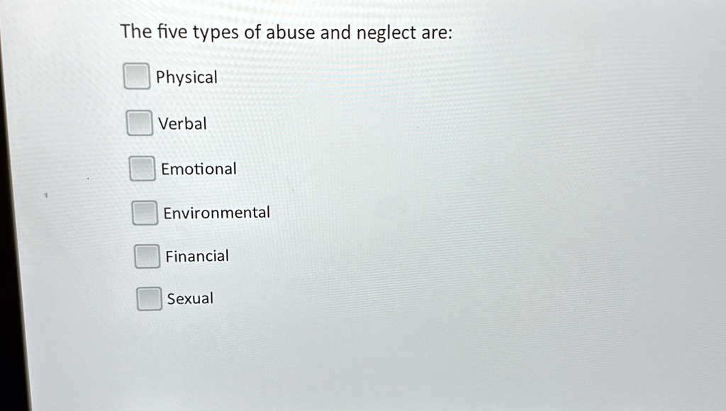 [GET ANSWER] the five types of abuse and neglect are physical verbal ...