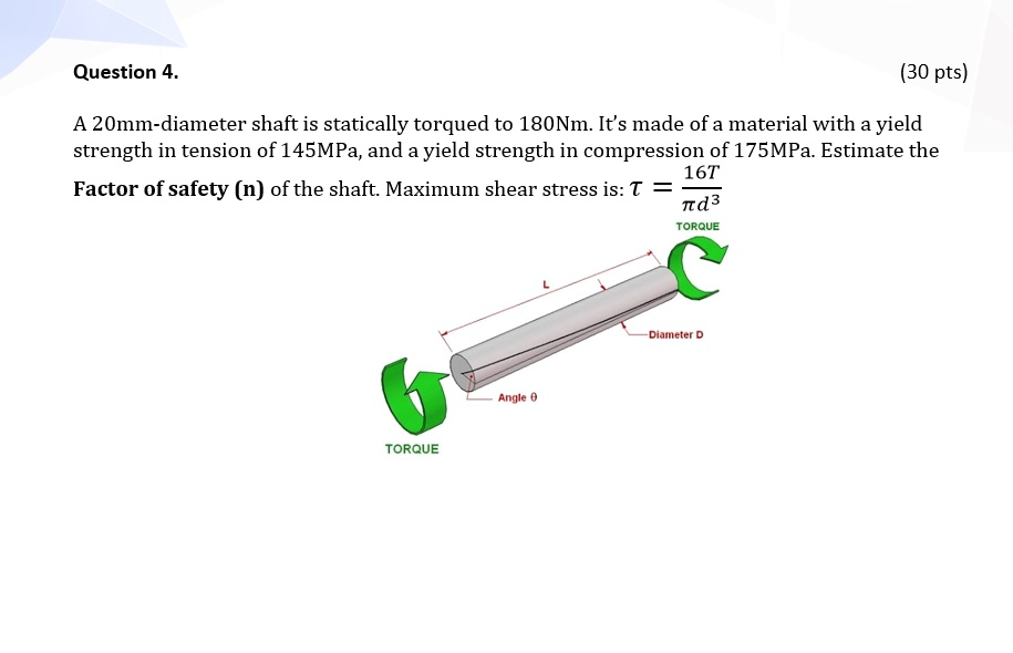 SOLVED: A 20 mm-diameter shaft is statically torqued to 180 Nm. It is ...