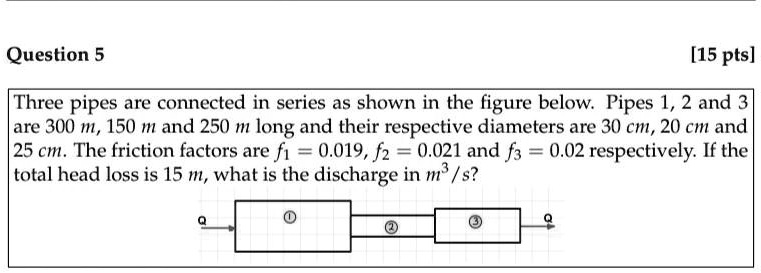 Question 5 [15 pts] Three pipes are connected in series as shown in the ...
