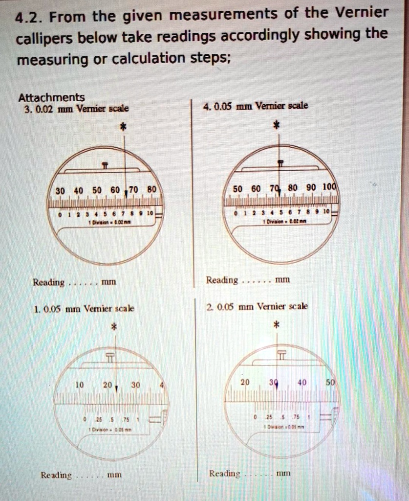 4.2. From the given measurements of the Vernier callipers below take ...