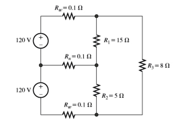 120 V + - 120 V + - Rw = 0.1 Ω Rw = 0.1 Ω R1 = 15 Ω Rn = 0.1 Ω R2 = 5 Ω ...