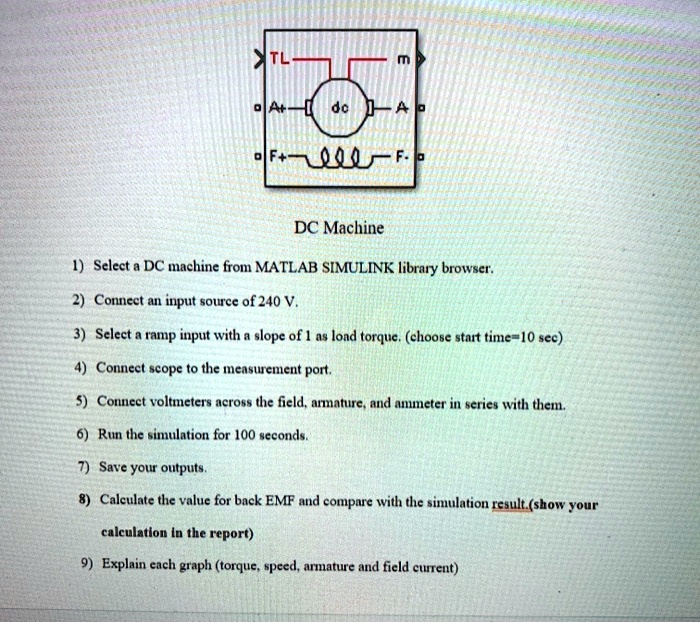 TL m A+ dc A- F+ 000 F- DC Machine 1) Select a DC machine from MATLAB SIMULINK library browser ...