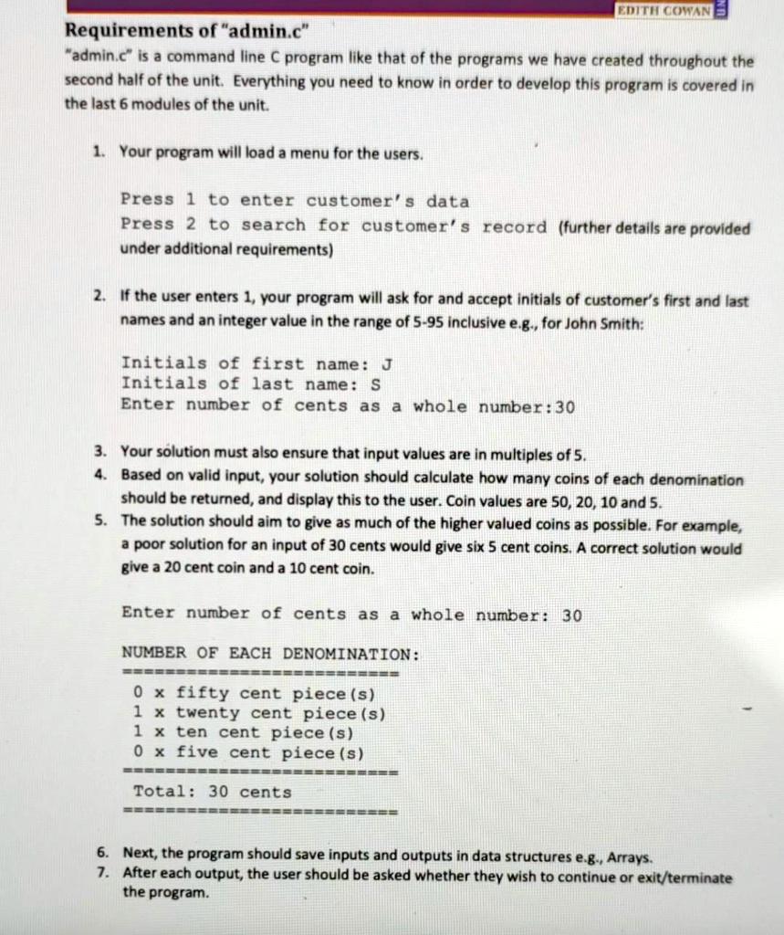 SOLVED: Texts: EDITHCOWANE Requirements of "admin.c": "admin.c" is a ...