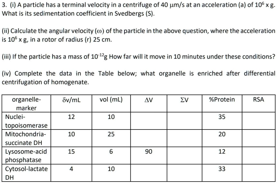 SOLVED: 3. (i) A particle has a terminal velocity in a centrifuge of 40 um/s at an acceleration ...