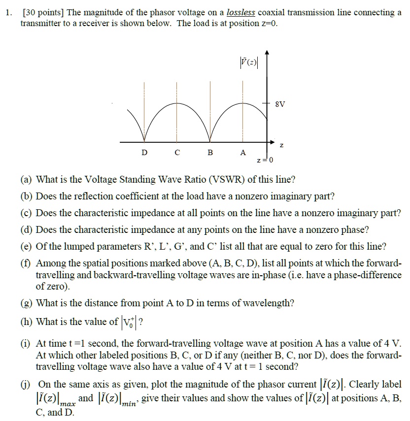 SOLVED: [30 points] The magnitude of the phasor voltage on a lossless coaxial transmission line ...