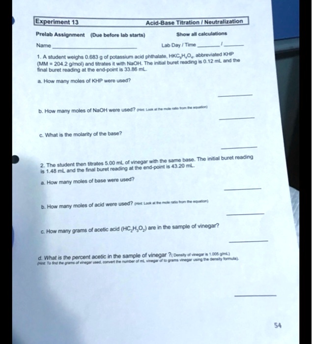 SOLVED: Experiment 43 Acid-Base Titration (Neutralization Prelab Assignment - Due before lab ...