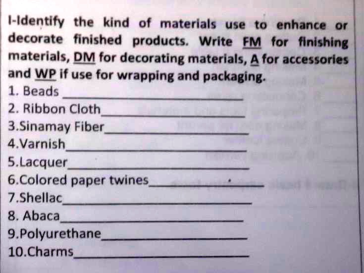 I-Identify the kind of materials use to enhance or decorate finished ...