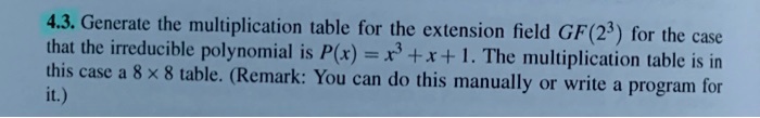 SOLVED: 4.3. Generate the multiplication table for the extension field ...