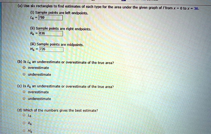 SOLVED:(a)} Use six rectangles to llnd estirnates of each type for the ...