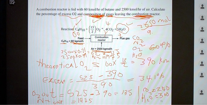 A combustion reactor is fed with 60 kmol/hr of butane and 2500 kmol/hr ...