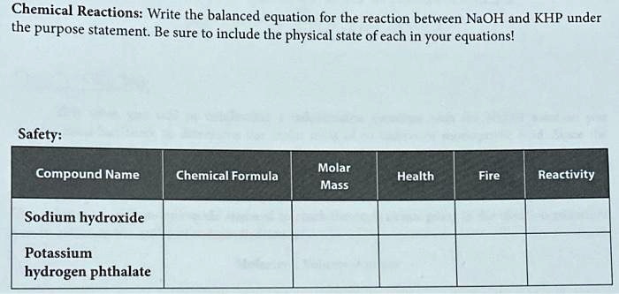 chemical reactions write the balanced equation for the reaction between naoh and khp under the ...