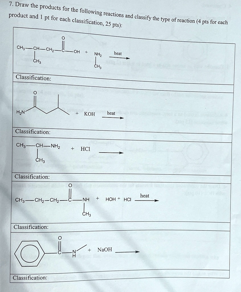 7. Draw the products for the following reactions and classify the type of reaction (4 pts for ...