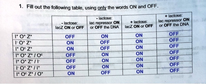 fill out the following table using only the words on and off lactose ...
