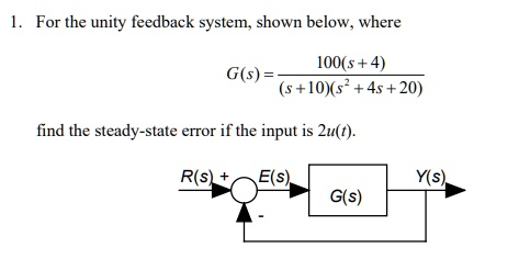 SOLVED: For the unity feedback system, shown below, where G(s) = (100(s + 4))/((s + 10)(s^2 + 4s ...