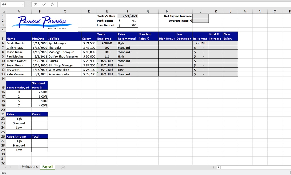1 on the payroll worksheet based on the data in cell ranges a5a13 and ...
