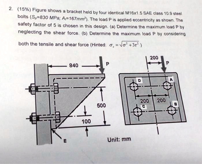 bolts S = 830 MPa A = 167 mm^2. The load P is applied eccentricity as ...