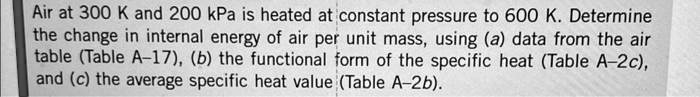 SOLVED: Air at 300 K and 200 kPa is heated at constant pressure to 600 ...