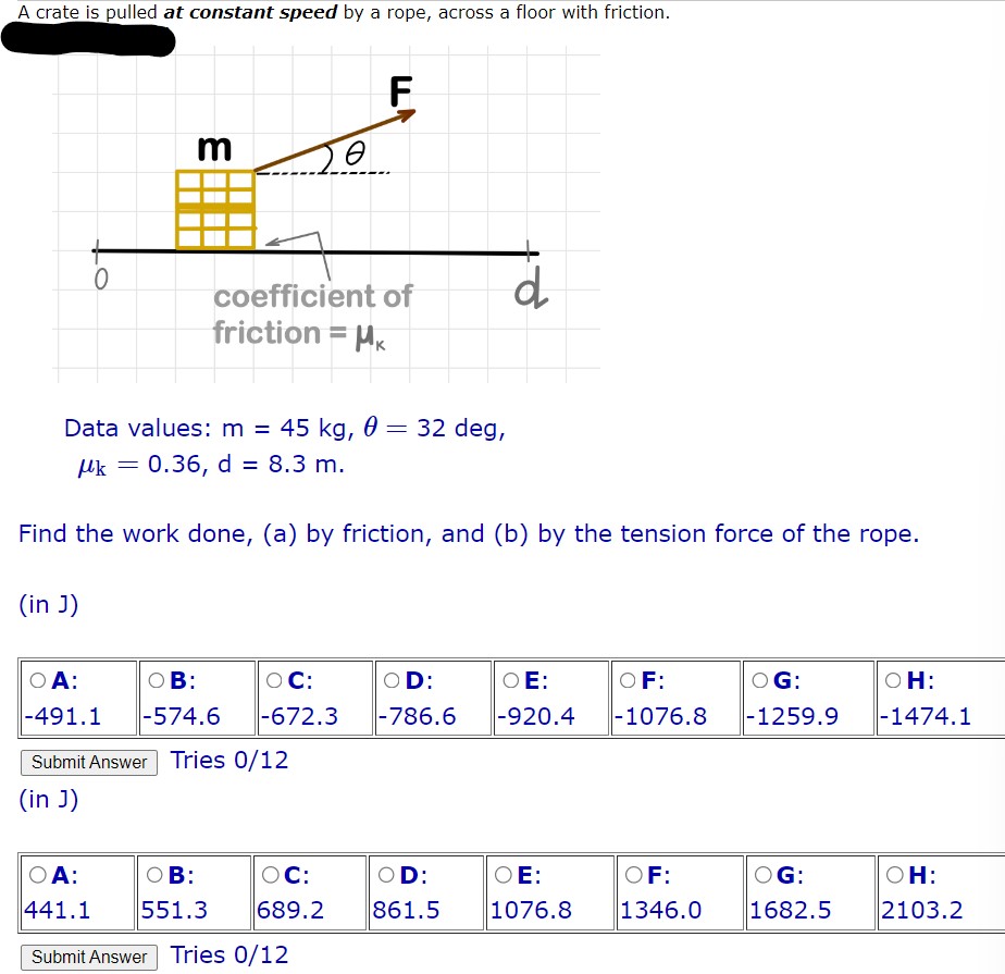 a crate is pulled at constant speed by a rope across a floor with friction data values mathrmm45 ...
