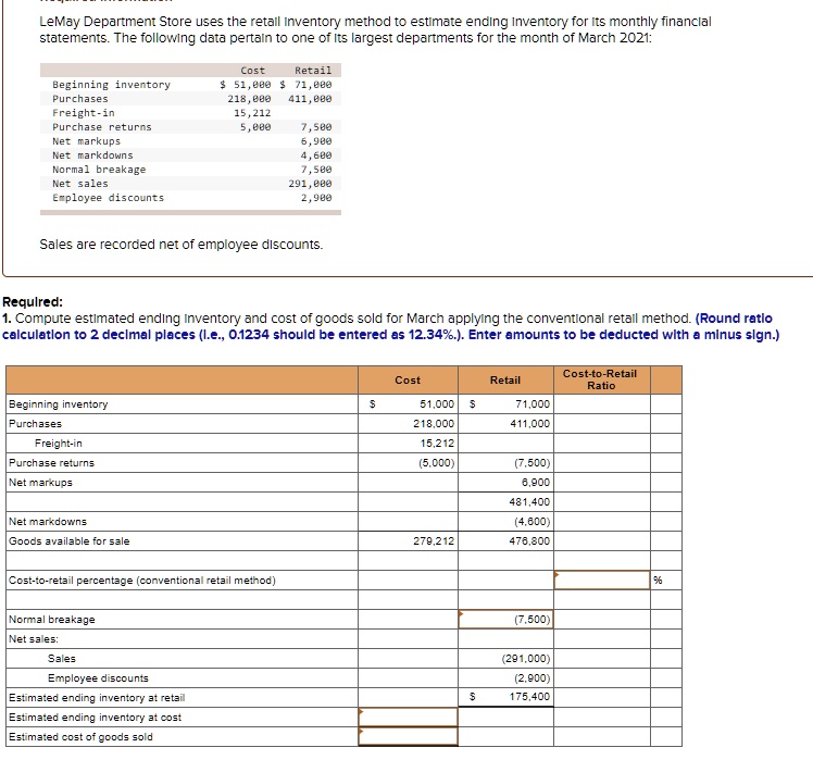 SOLVED: LeMay Department Store uses the retail inventory method to ...