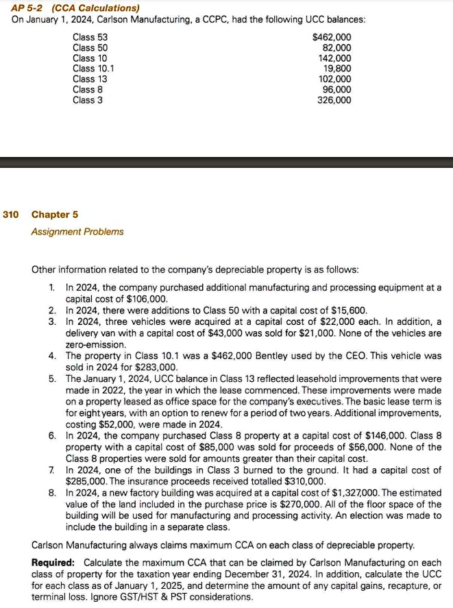 ap 5 2 cca calculations on january 1 2024 carlson manufacturing a ccpc had the following ucc ...