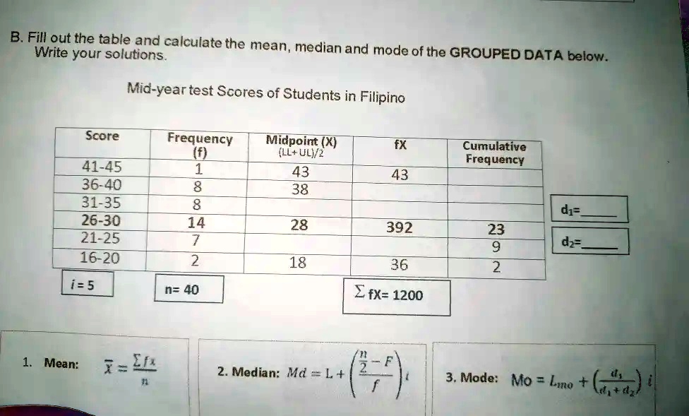 B. Fill out the table and calculate the mean, median, and mode of the ...