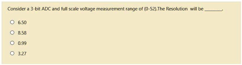 SOLVED: Consider a 3-bit ADC and full-scale voltage measurement range of (0-5.2). The resolution ...