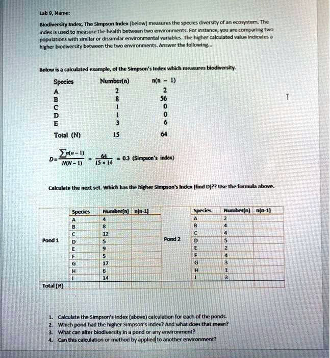 Lab 9, Name: Biodiversity Index, The Simpson Index (below) measures the ...