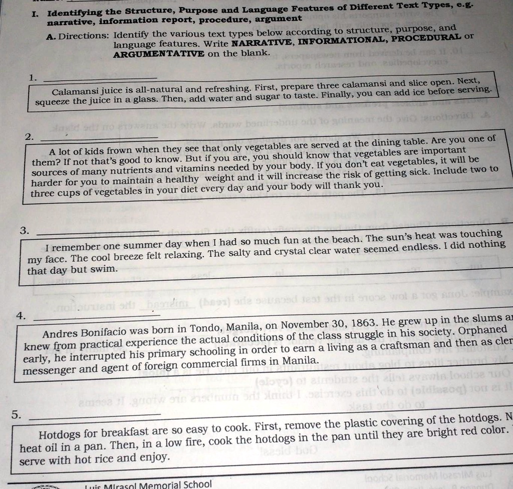 identify the varios text types identifying the structure purpose and language features of ...