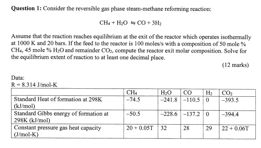 SOLVED: Question 1: Consider the reversible gas phase steam-methane reforming reaction: CH4 ...