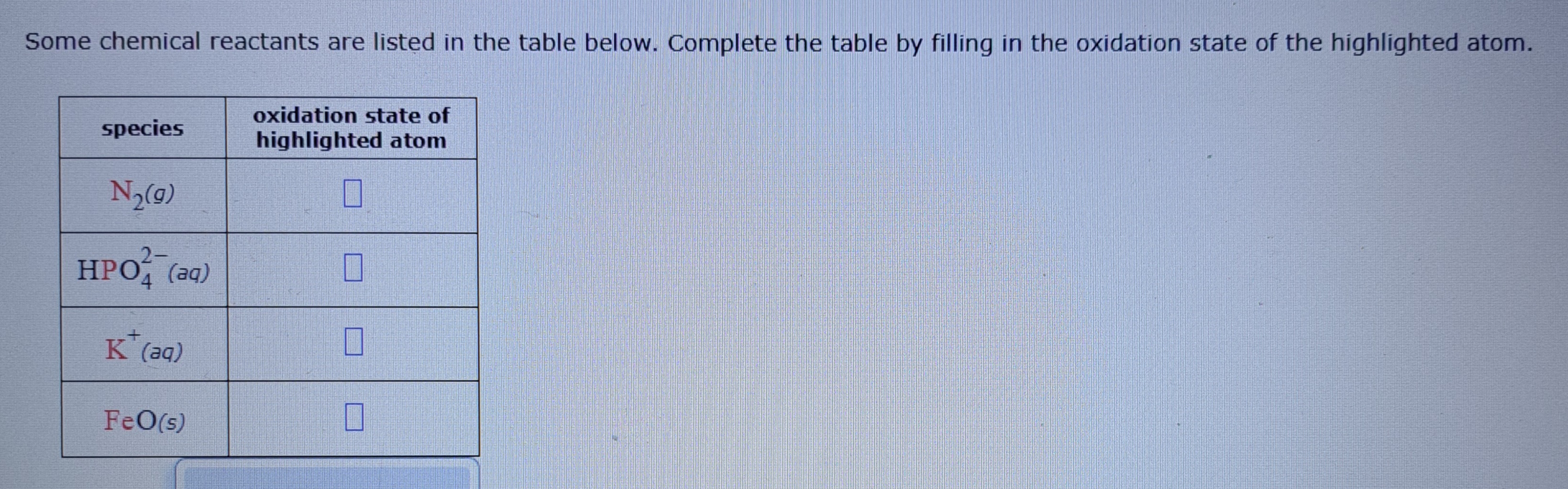 SOLVED: Some chemical reactants are listed in the table below. Complete the table by filling in ...