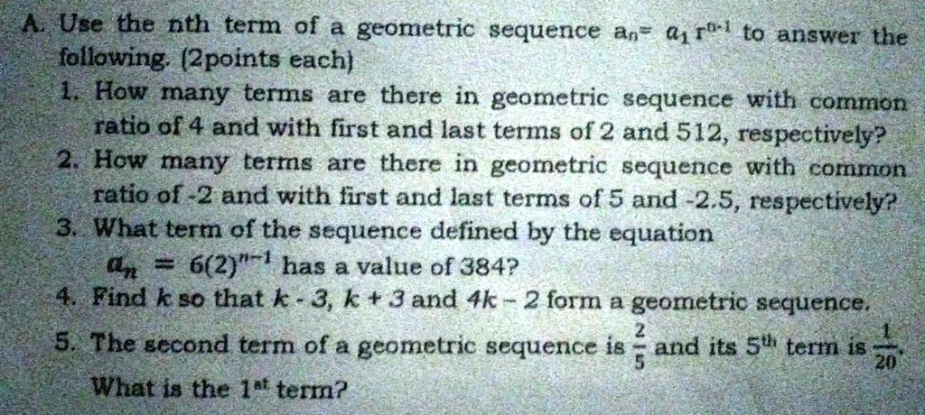 SOLVED: Use the nth term of a geometric sequence an = a1 * r^(n-1) to ...