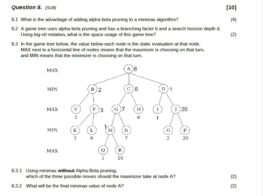 Solved Question 8 Su8 81 What Is The Advantage Of Adding Alpha Beta Pruning To A Minimax 7970