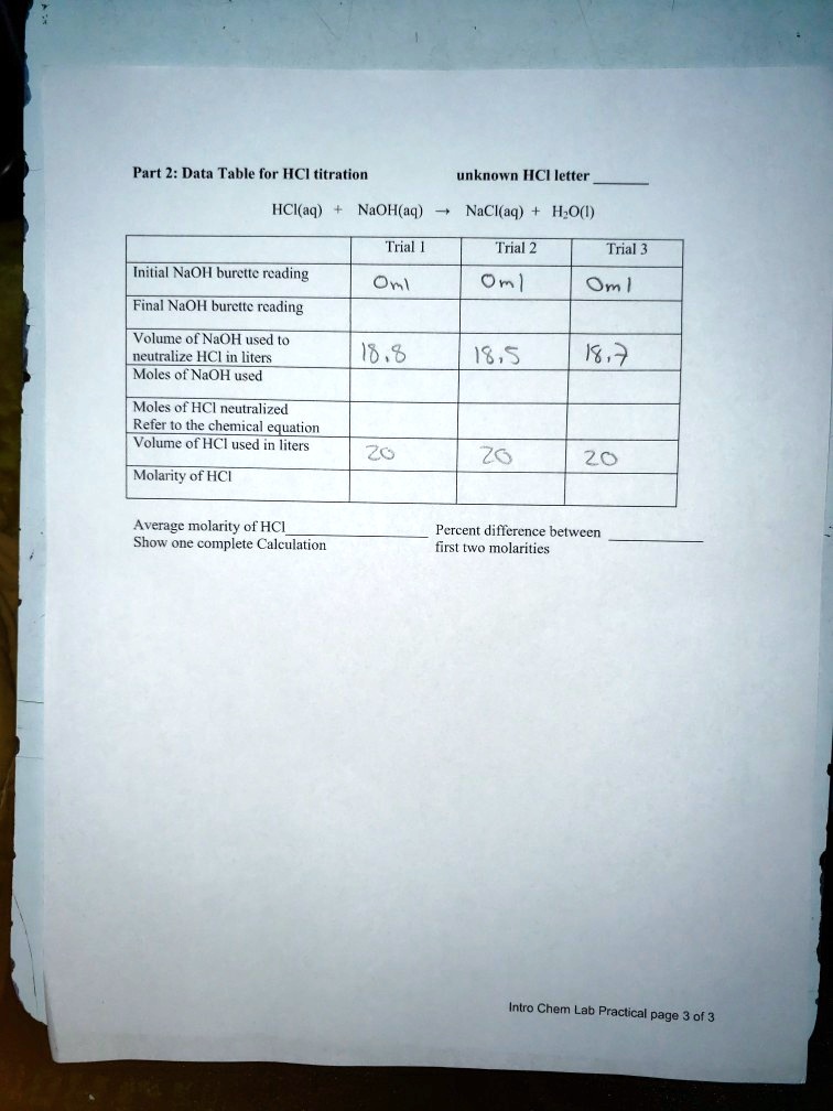 part 2 data table for hci titration unknown hci letter hclaq naohaq naclaq ho trial trial 2 ...