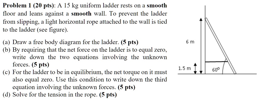 SOLVED: Problem 1 (20 pts): A 15 kg uniform ladder rests on a smooth ...