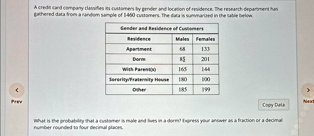 SOLVED: A credit card company classifies its customers by gender and location of residence. The ...