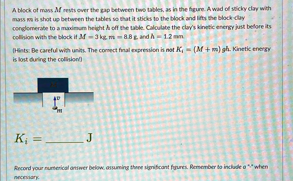 A block of mass m rests over the gap between two tables as...