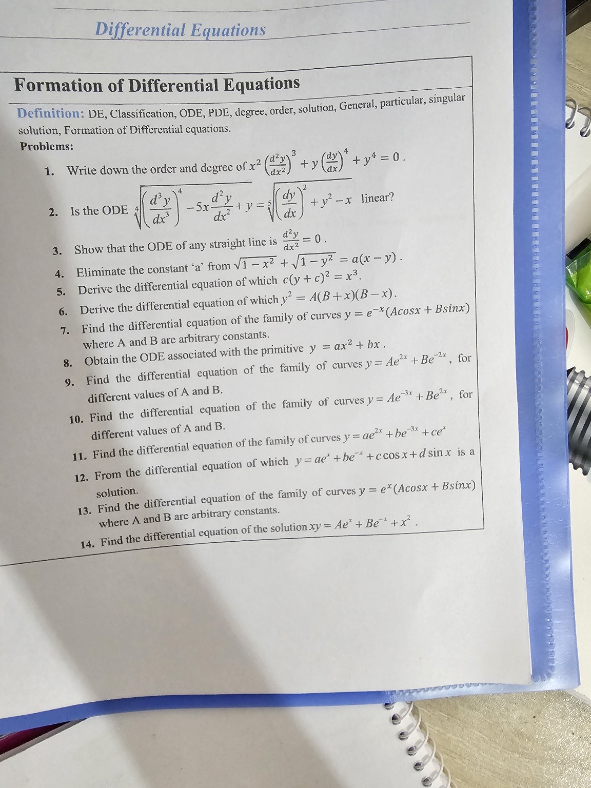 SOLVED: Differential Equations Formation of Differential Equations Definition: DE ...