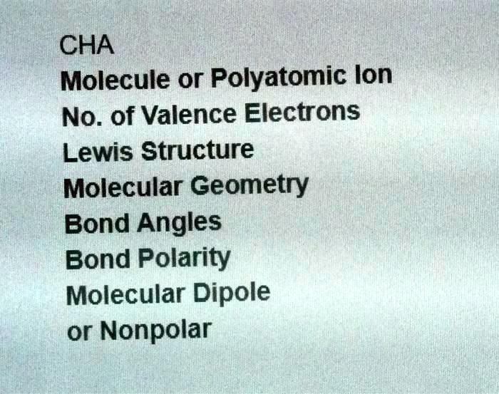 SOLVED: CHA Molecule or Polyatomic Ion No of Valence Electrons Lewis ...
