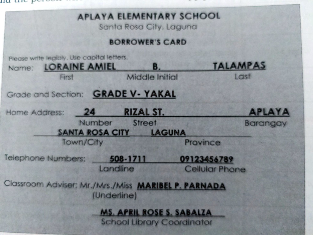 learning task 1 in your notebook copy the format of the borrowers card ...