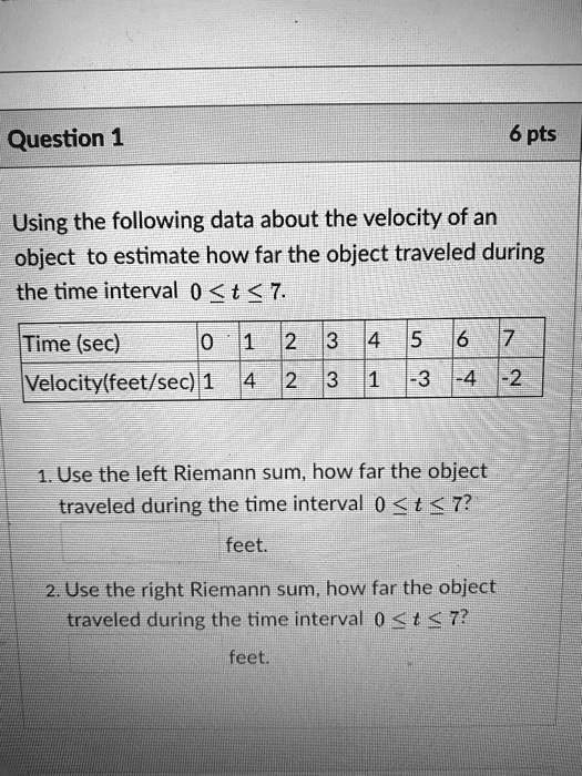 Solved Question 1 6 Pts Using The Following Data About The Velocity Of