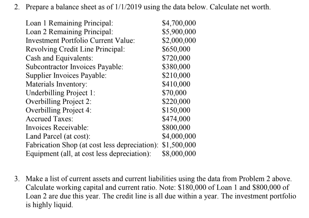 SOLVED: Prepare a balance sheet as of 1/1/2019 using the data below ...