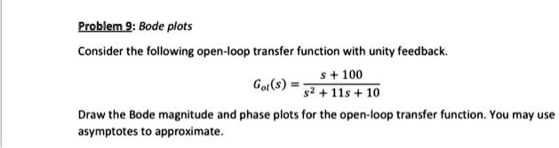 Solved Problem 9 Bode Plots Consider The Following Open Loop Transfer Function With Unity 8886
