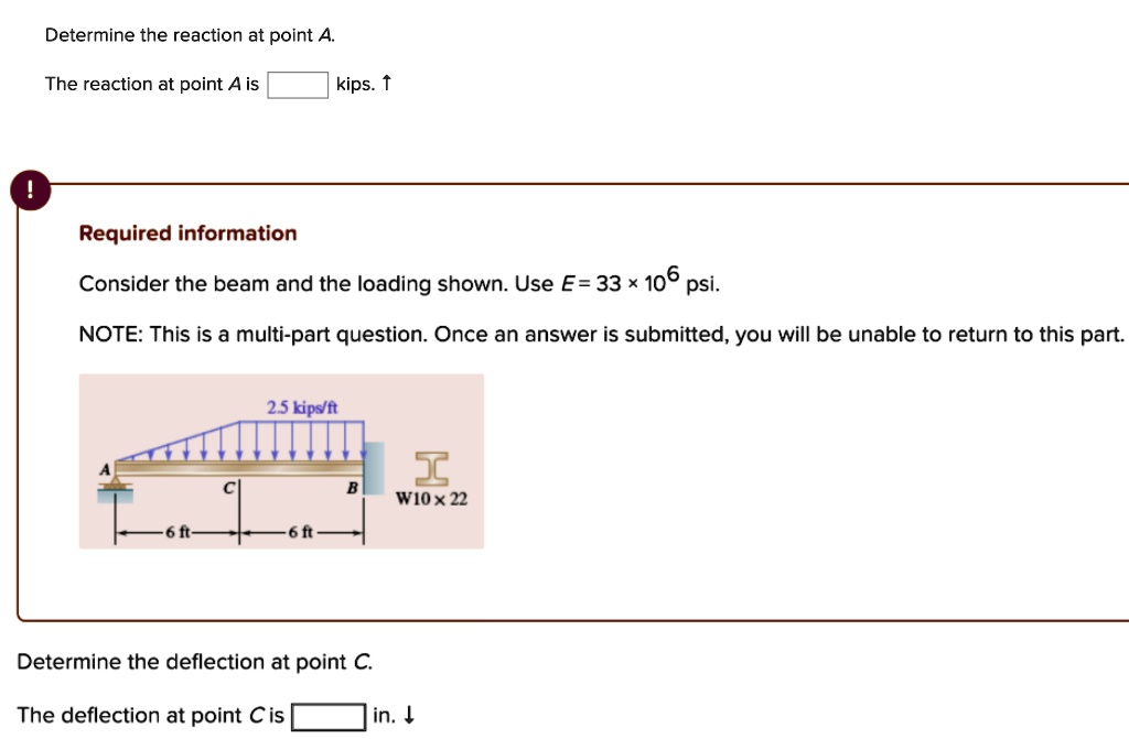 SOLVED: I = 118 in^4 Determine the reaction at point A. The reaction at point A is kips ...