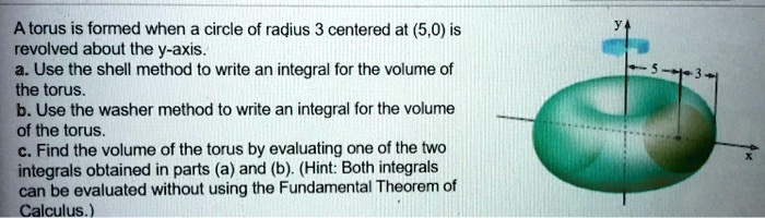 SOLVED: A torus is formed when a circle of radius 3 centered at (5,0) is revolved about the Y ...