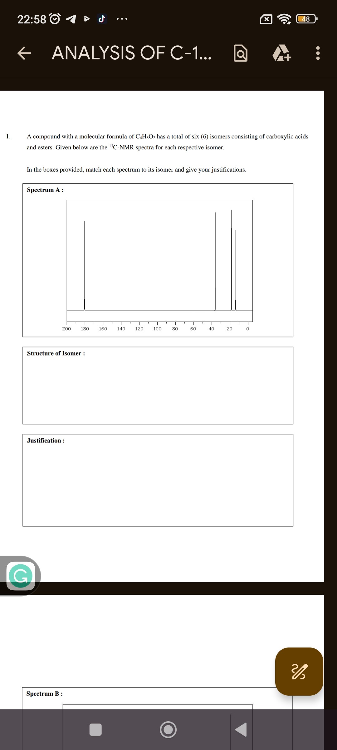 SOLVED: 22:58 ANALYSIS OF C-1... 1. A compound with a molecular formula ...